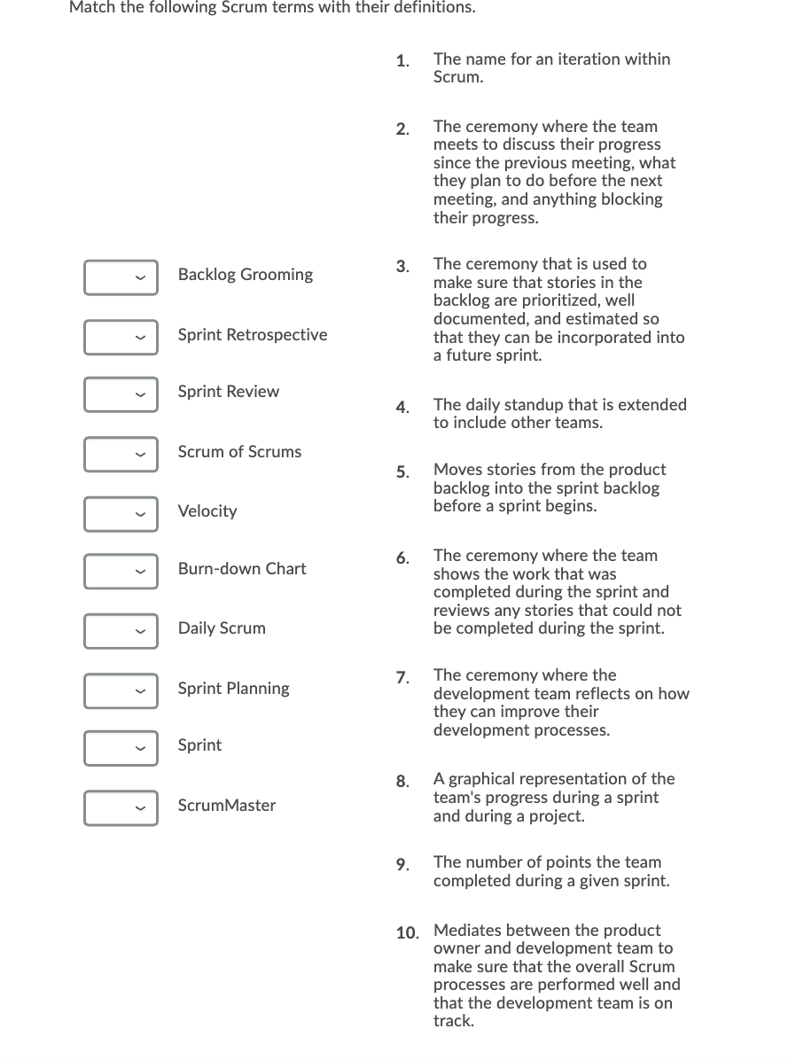 Solved Match The Following Scrum Terms With Their