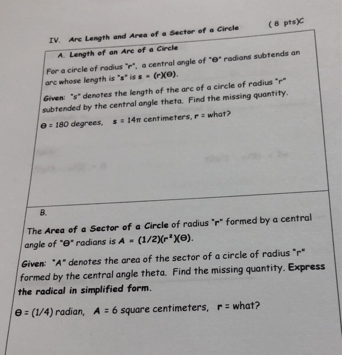 Solved (8 pts)C IV. Arc Length and Area of a Sector of a | Chegg.com