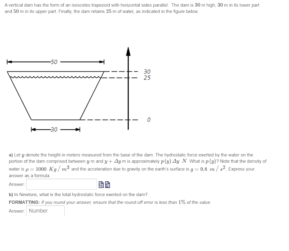 Solved A vertical dam has the form of an isosceles trapezoid | Chegg.com