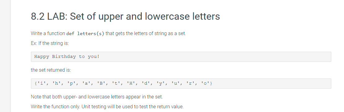 Solved 8.2 LAB: Set of upper and lowercase letters Write a | Chegg.com Solved 8.2 LAB: Set of upper and lowercase letters Write a | Chegg.com