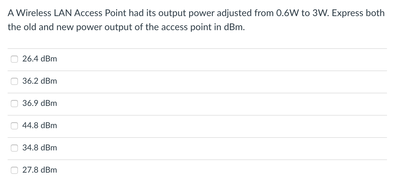 Solved A Wireless LAN Access Point had its output power | Chegg.com