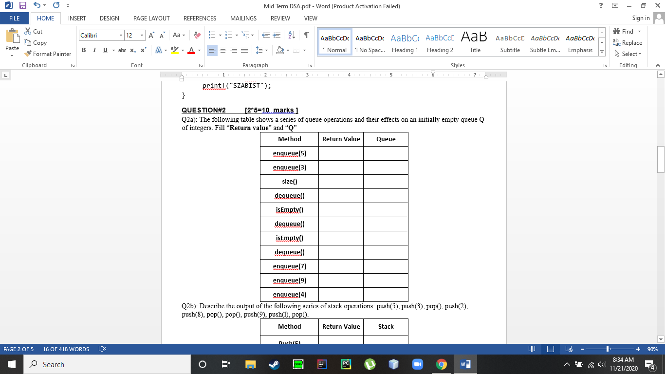 Solved W Mid Term DSA.pdf - Word (Product Activation Failed) | Chegg.com