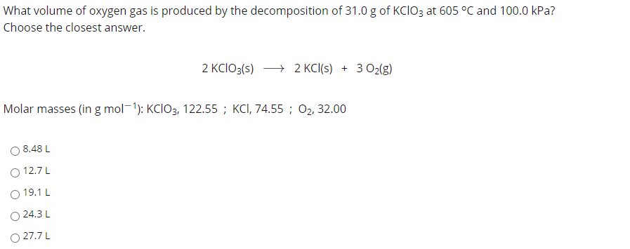 Solved What volume of oxygen gas is produced by the | Chegg.com