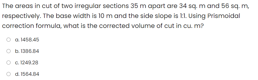 Solved The areas in cut of two irregular sections 35 m apart | Chegg.com