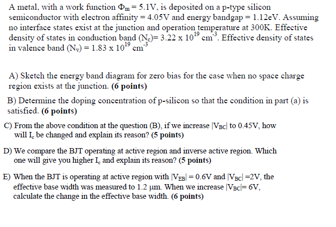 Solved A metal, with a work function Om = 5.1V, is deposited | Chegg.com