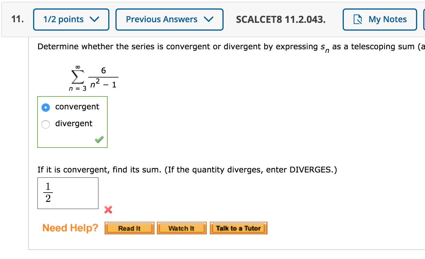 Solved 11. 1/2 points v Previous Answers V. SCALCET8 | Chegg.com