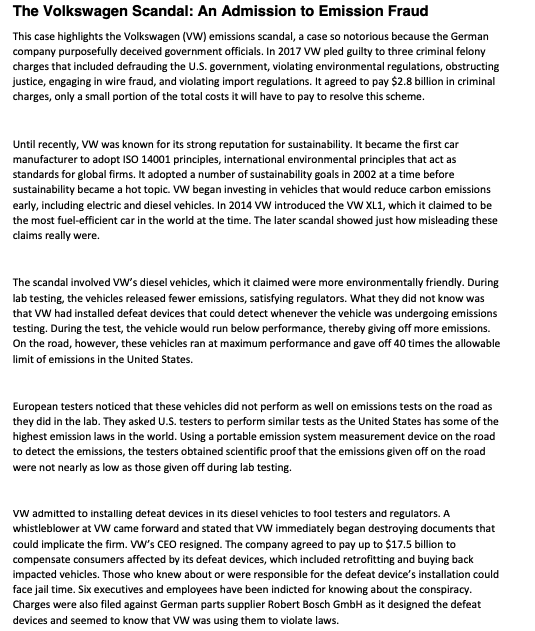 Solved The Volkswagen Scandal: An Admission to Emission | Chegg.com