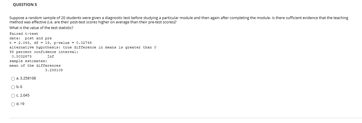 Solved QUESTION 1 Suppose a random sample of 20 students | Chegg.com