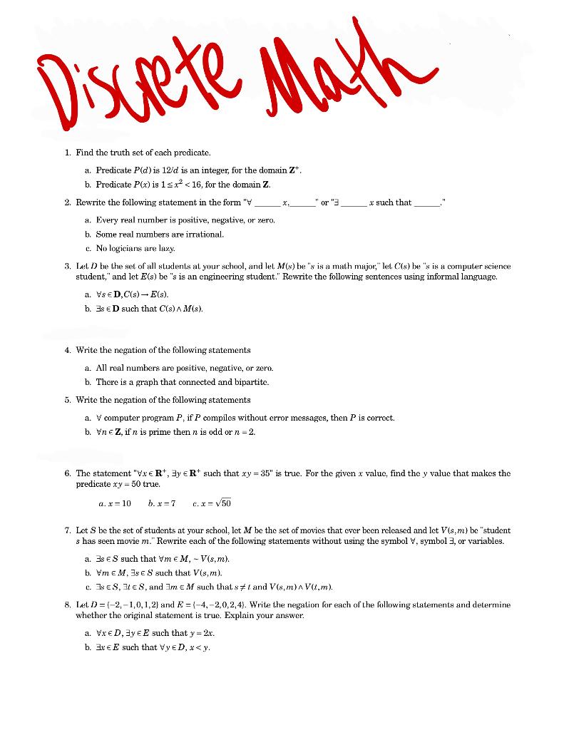 Solved Discrete Math 1. Find the truth set of cach | Chegg.com