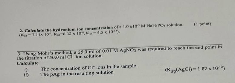 Solved 2. Calculate the hydronium ion concentration of a | Chegg.com