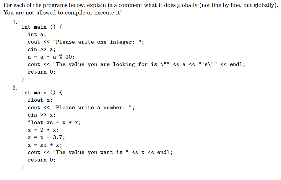Solved For each of the programs below, explain in a comment | Chegg.com