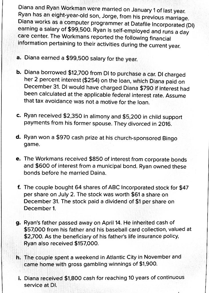 Solved Diana and Ryan Workman were married on January 1 of | Chegg.com