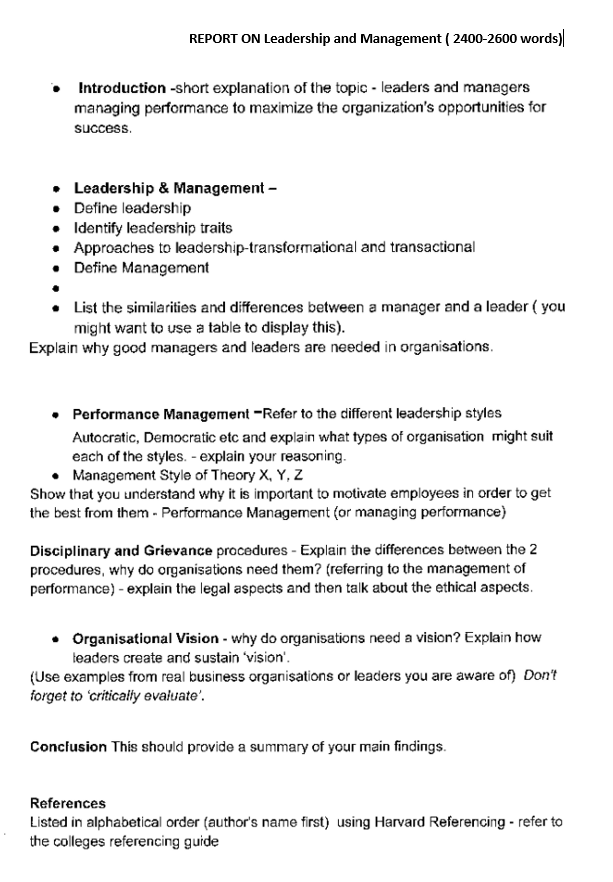 Solved REPORT ON Leadership and Management ( 2400-2600 | Chegg.com