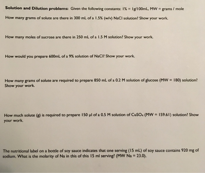 Solved Solution and Dilution Problems: Given the following | Chegg.com