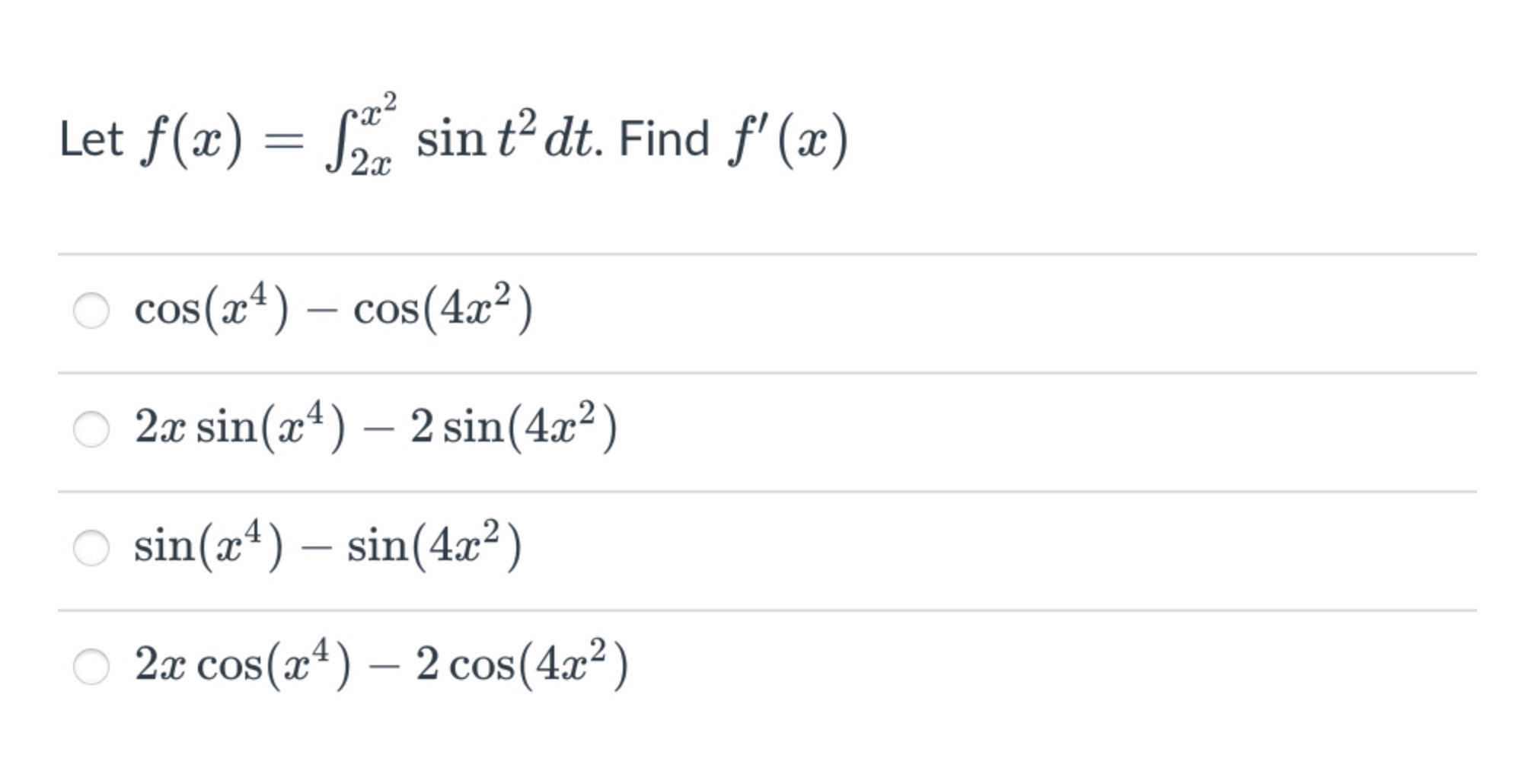Solved Let f(x)=∫2xx2sint2dt. ﻿Find f'(x) | Chegg.com