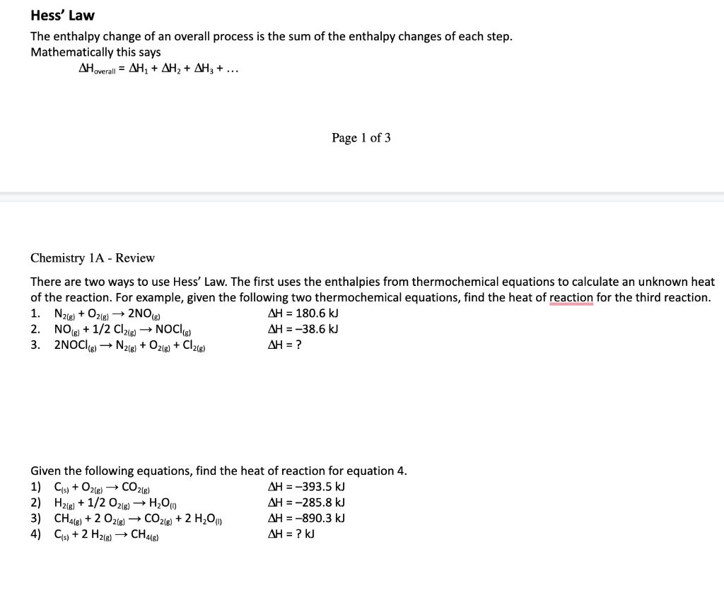 Solved Hess' Law The enthalpy change of an overall process | Chegg.com