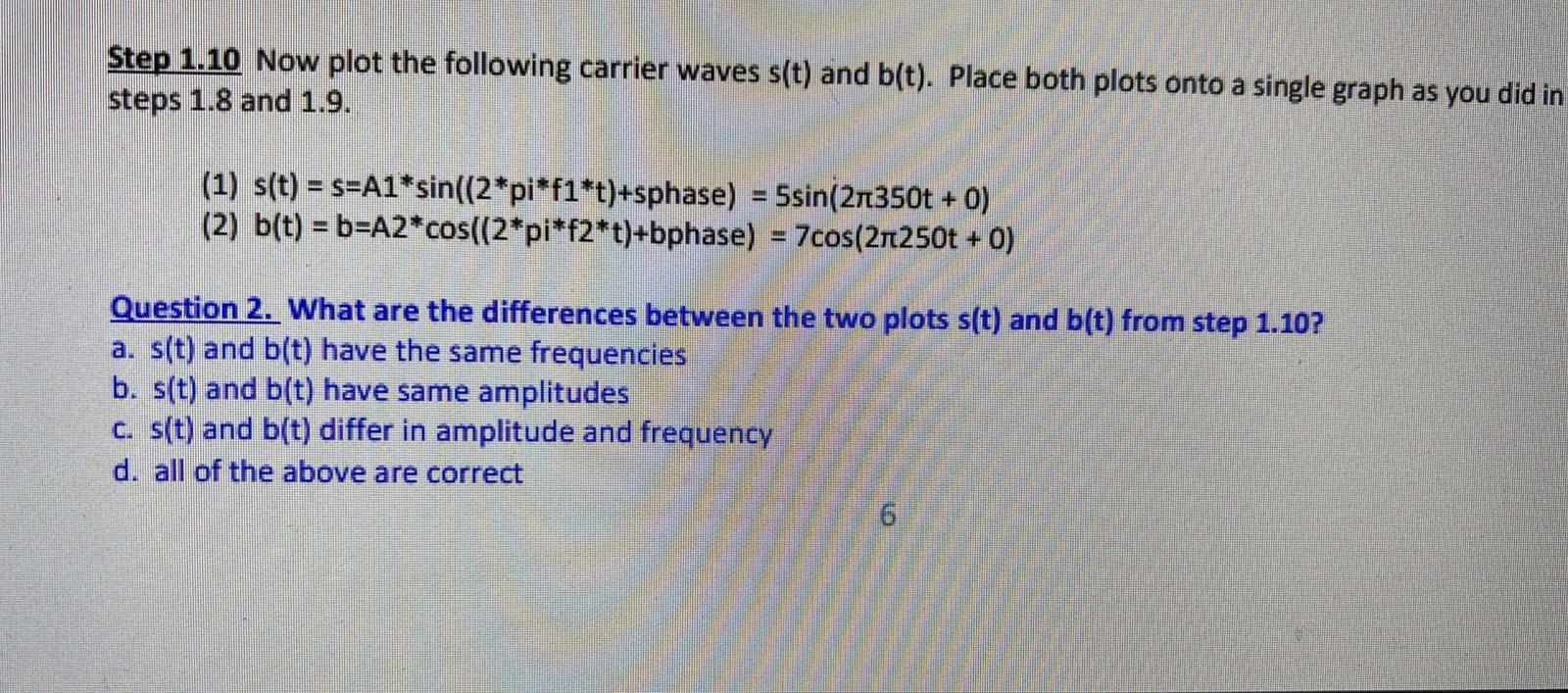Solved Step 1.10 Now plot the following carrier waves s(t) | Chegg.com