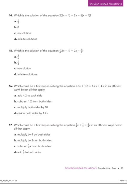 Solved SOLVING LINEAR EQUATIONS 14. which is the solution of | Chegg.com