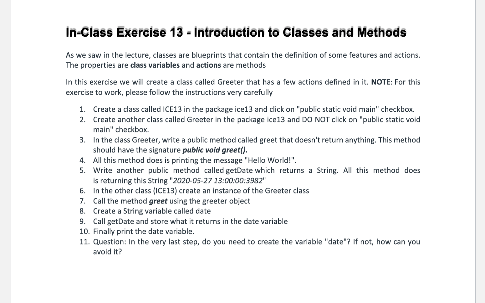 Solved In-Class Exercise 13 - Introduction to Classes and | Chegg.com