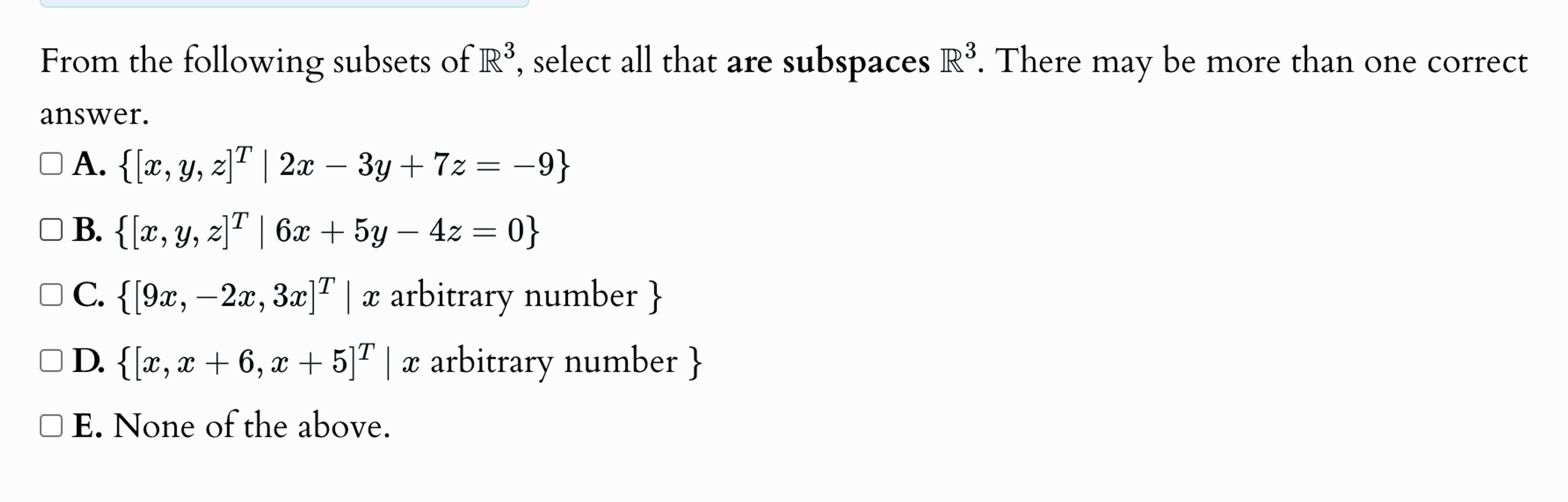 Solved From the following subsets of R3, ﻿select all that | Chegg.com