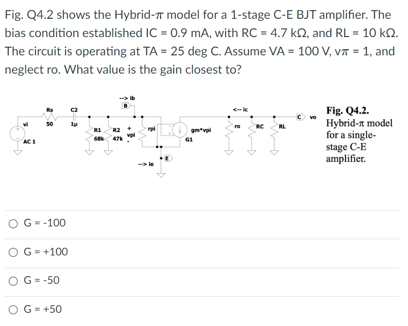 Solved Fig. Q4.2 shows the Hybrid- π model for a 1-stage C-E | Chegg.com