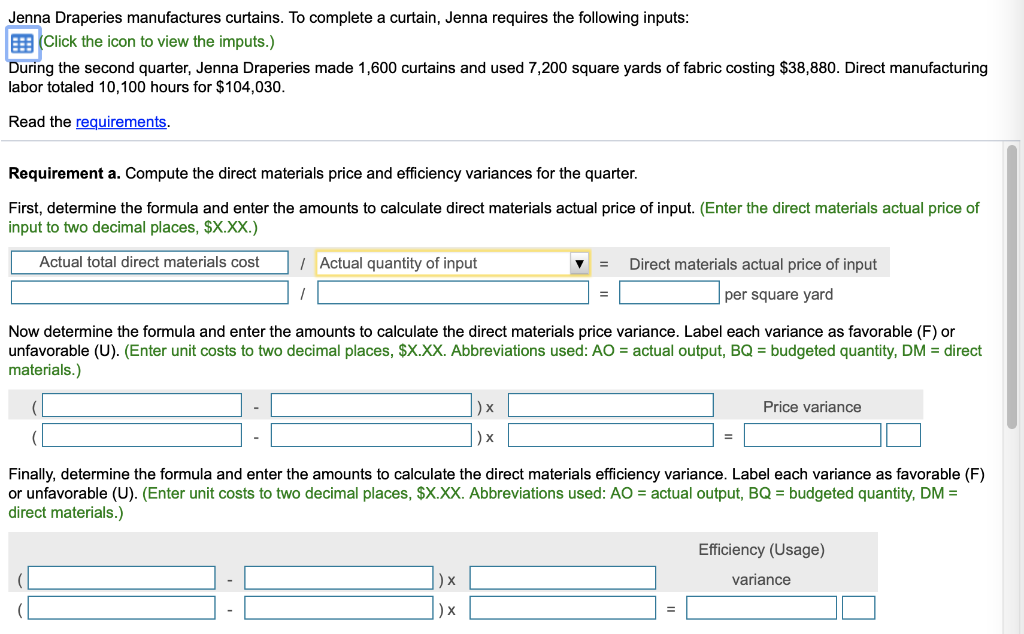 Solved X Х Data Table Direct materials standard: 5 square | Chegg.com
