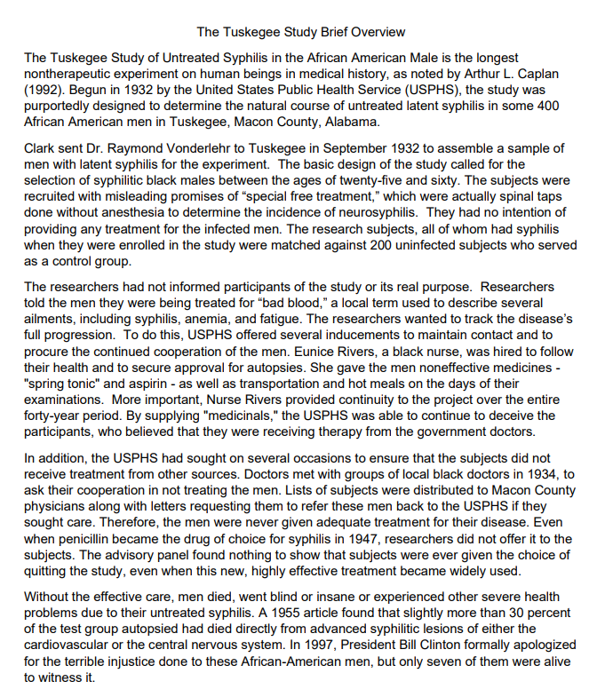Start by reading the brief overview of The Tuskegee | Chegg.com