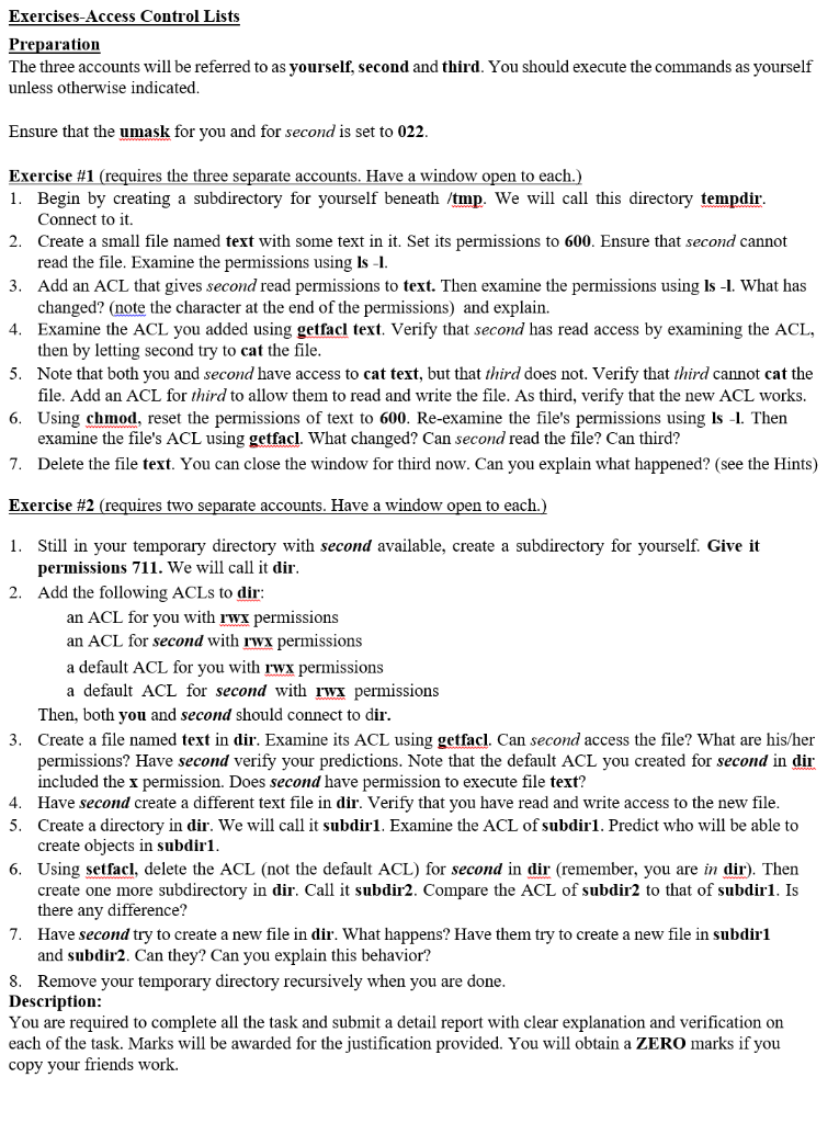 Exercises-Access Control Lists Preparation The three | Chegg.com