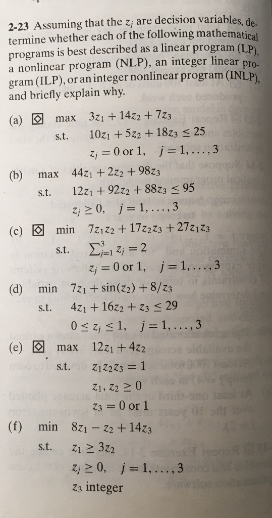 Solved 2-23 Assuming that the z, are decision variables, de | Chegg.com