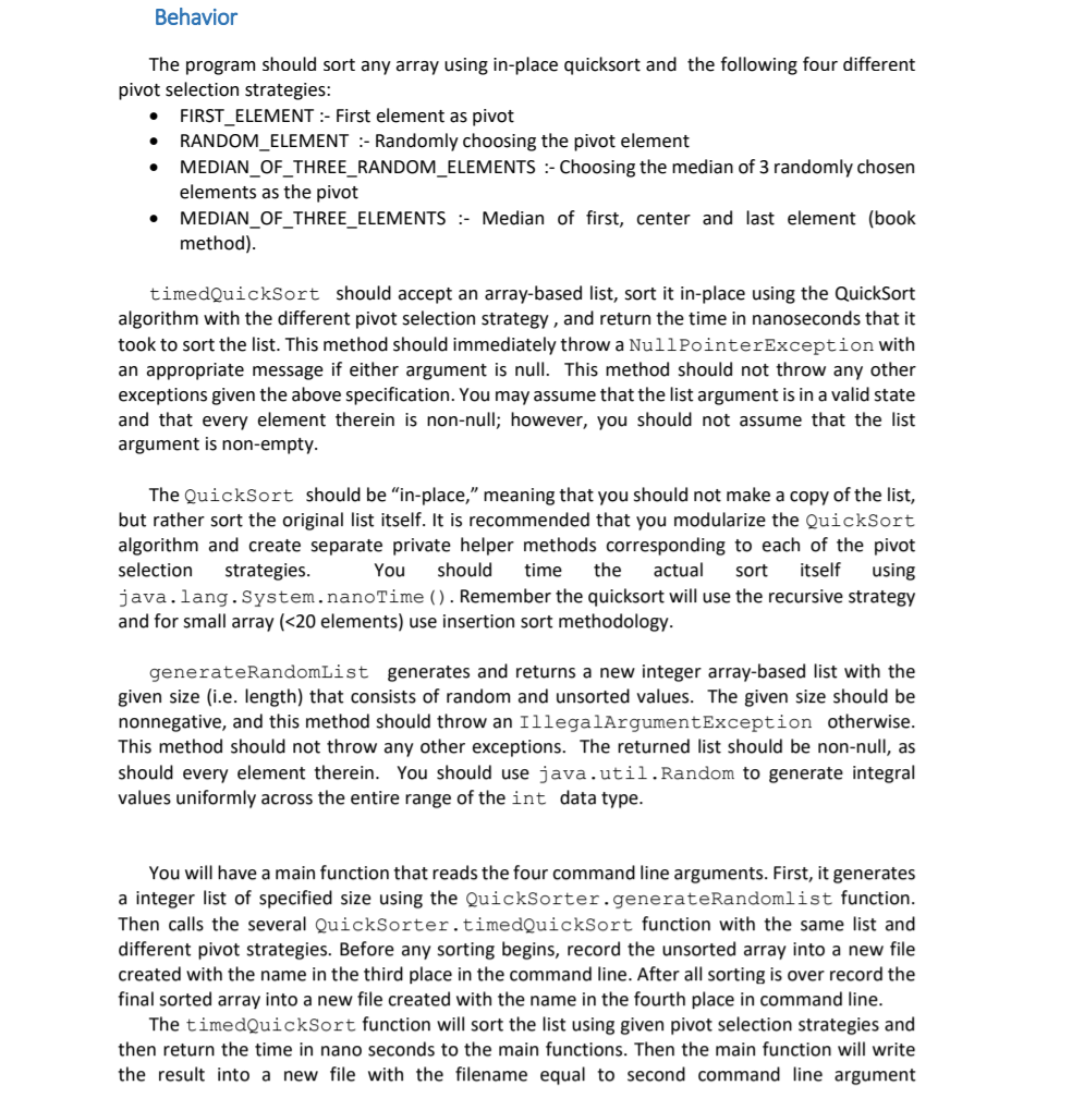 Solved QuickSort The task of this project is to implement in | Chegg.com