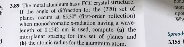 Solved 3 3.89 The metal aluminum has a FCC crystal | Chegg.com