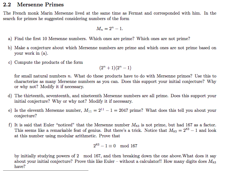 2.2 Mersenne Primes The French monk Marin Mersenne | Chegg.com