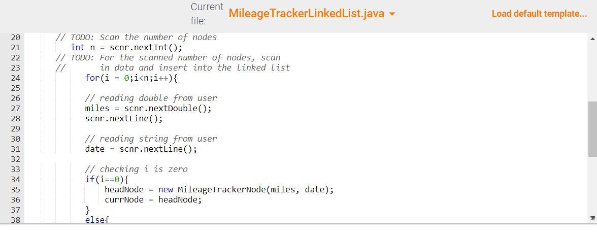 Solved Given the MileageTrackerNode class, complete main() | Chegg.com