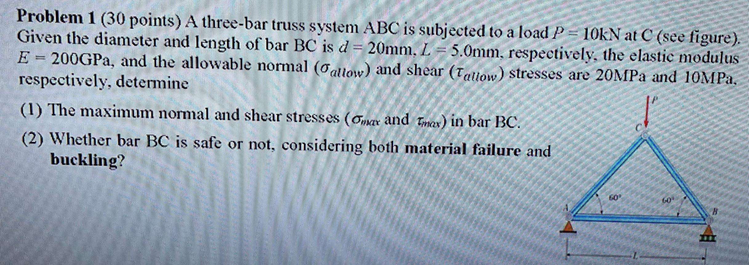 [Solved]: Problem 1 (30 points) A three-bar truss system A