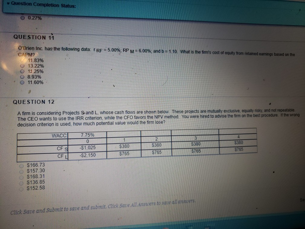 Solved * Question Completion Status 00.27% QUESTION 11 | Chegg.com