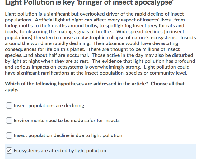 Solved Light Pollution is key 'bringer of insect apocalypse' | Chegg.com