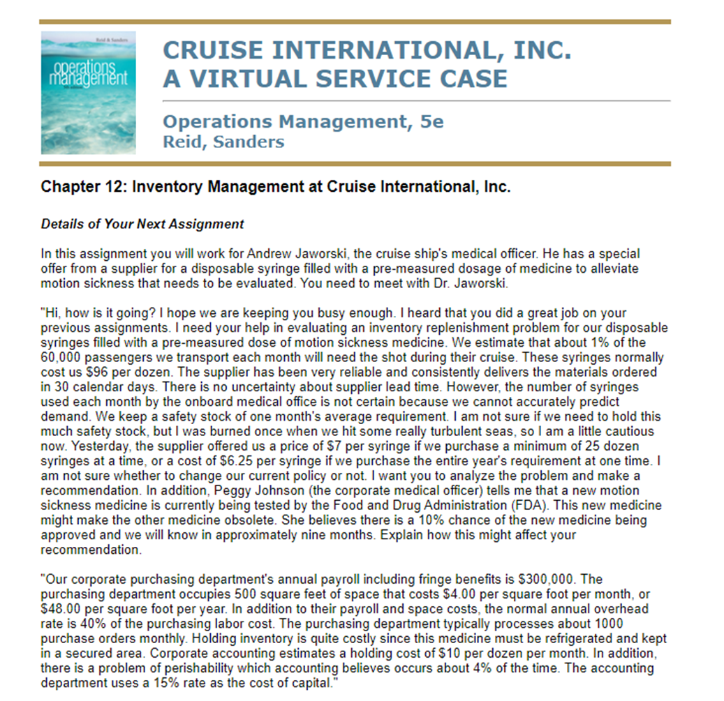 Solved CHAPTER 12: Inventory Management at Cruise | Chegg.com