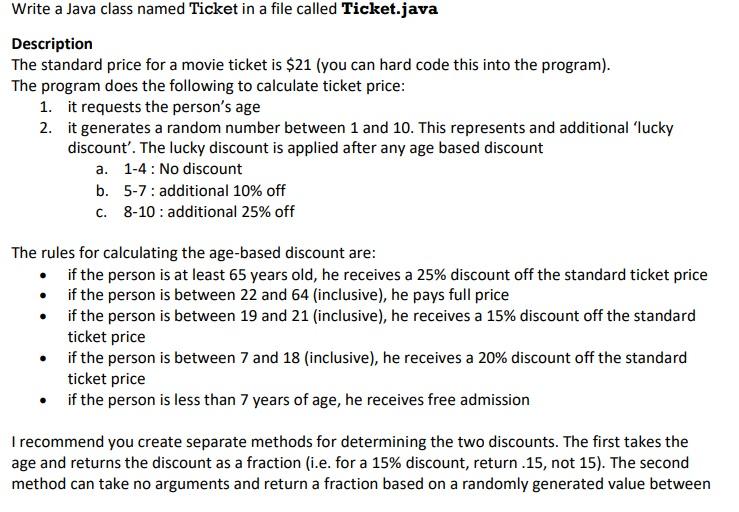 Solved Write a Java class named Ticket in a file called | Chegg.com