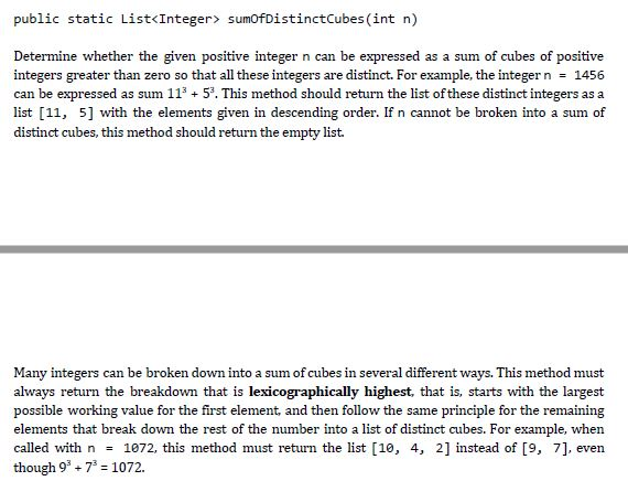 Solved public static List sumOfDistinctCubes (int n) | Chegg.com