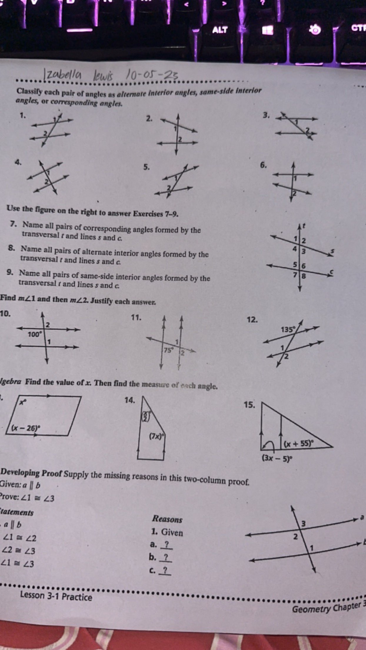 Solved Zabella lewis 10-05-23 Classify each pair of angles | Chegg.com
