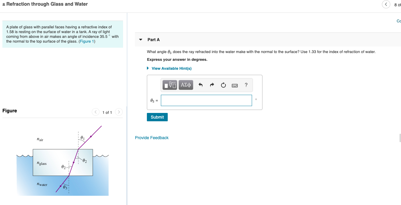 Solved Refraction through Glass and Water 801 A plate of | Chegg.com