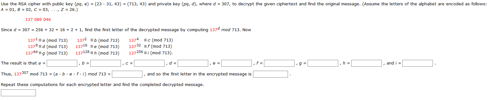 Solved Use the RSA cipher with public key (pq, e) = (23.31, | Chegg.com