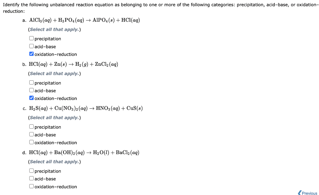 Solved Identify The Following Unbalanced Reaction Equation