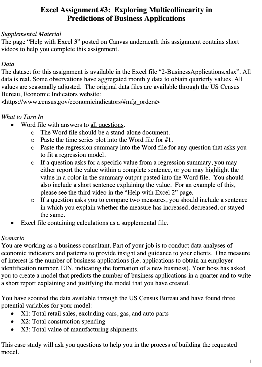 Excel Assignment #3: Exploring Multicollinearity in | Chegg.com