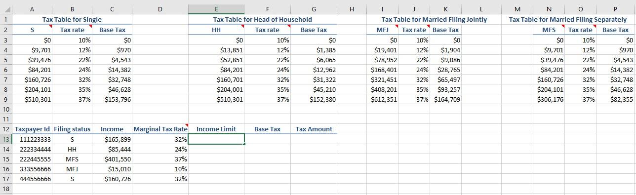 Tax Calculation Worksheet A) In cell E13, retrieve | Chegg.com