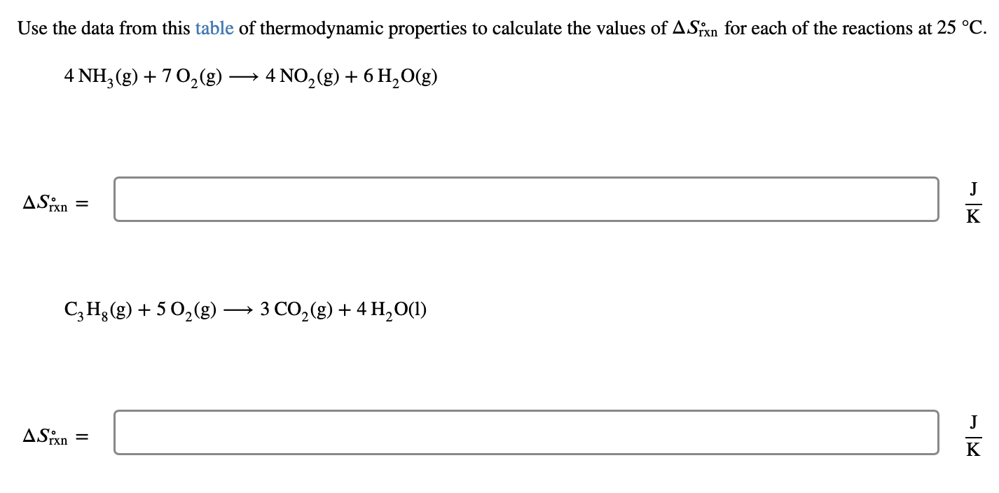 Solved 4NH3( g)+7O2( g) 4NO2( g)+6H2O(g) ΔSrxn ∘ C3H8( | Chegg.com
