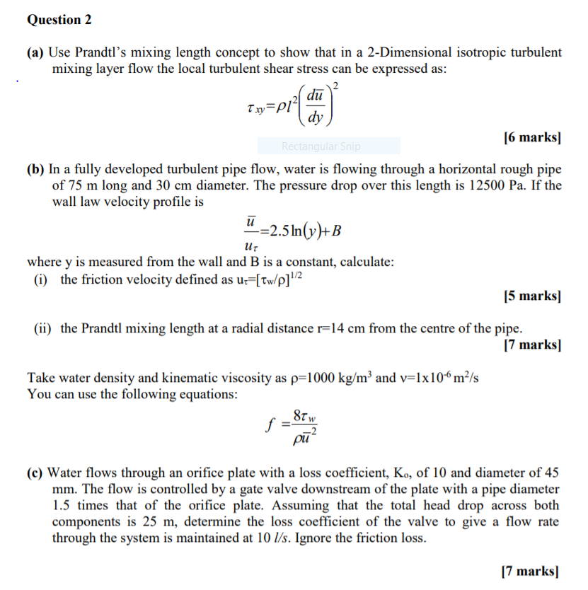 Question 2 (a) Use Prandtl's mixing length concept to | Chegg.com