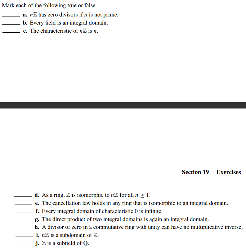 Solved Mark each of the following true or false. a. nZ has | Chegg.com