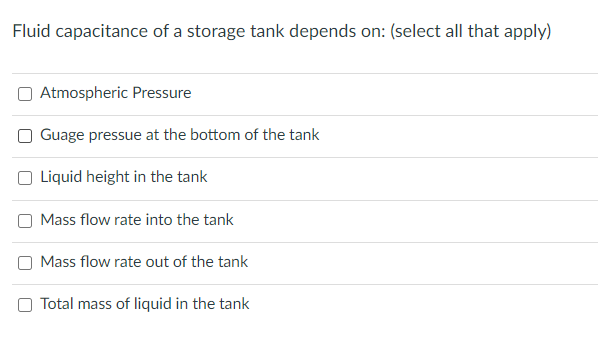 Solved Fluid capacitance of a storage tank depends on: | Chegg.com