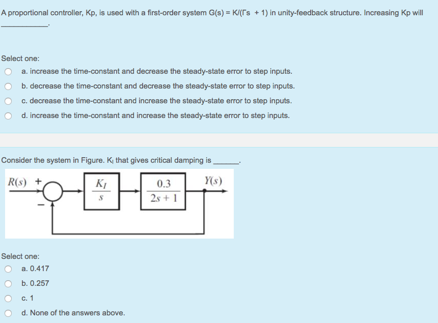 Solved A proportional controller, Kp, is used with a | Chegg.com